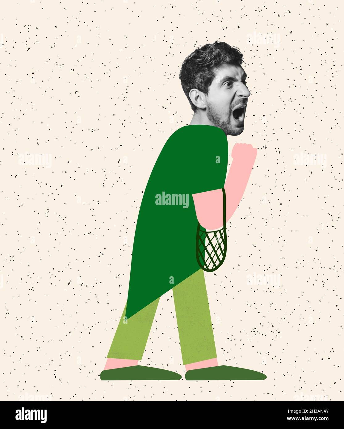 Contemporary art collage of shouting man with drawn body holding string ...