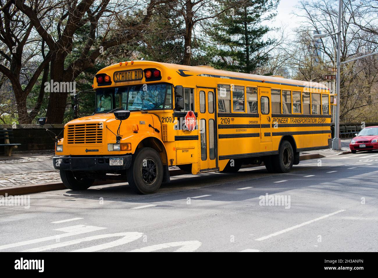 New York City, USA. Yellow schoolbus parked on 8th Avenue, Manhattan ...