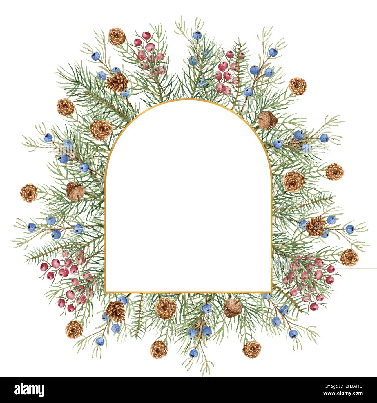 Christmas winter illustration. Arch-shaped frame with watercolor spruce ...