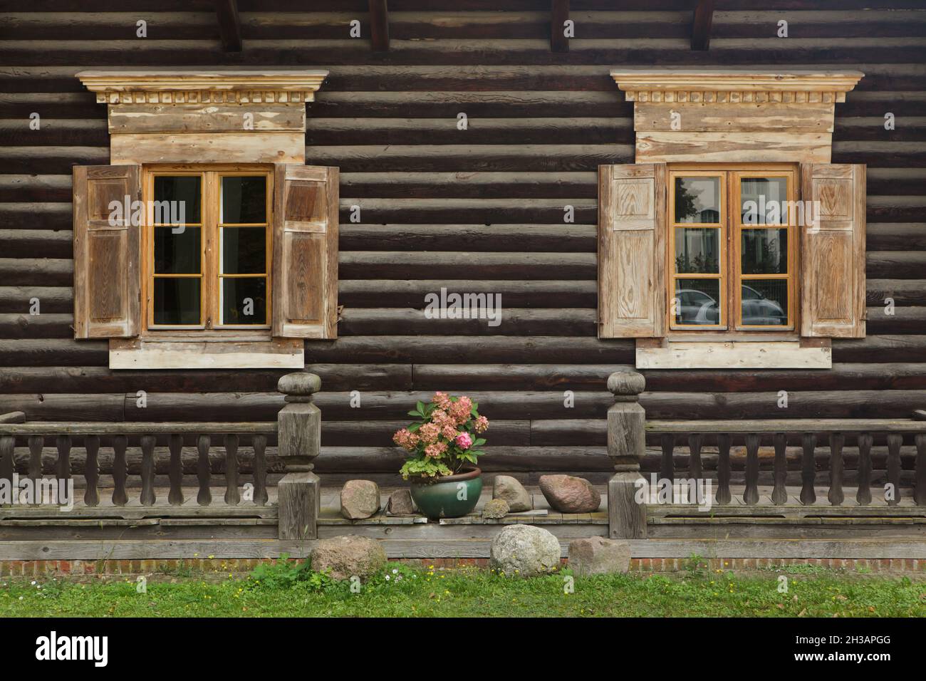 Detail of one of the traditional Russian wooden houses in the Russian ...