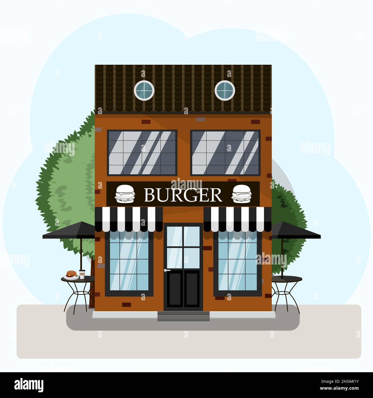 Vector illustration of a burger joint. Facade of a fast food restaurant ...