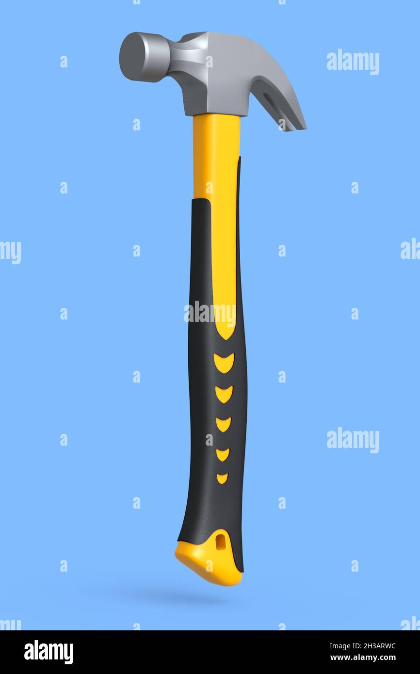 Black and yellow hammer with a rubberized handle isolated on blue ...