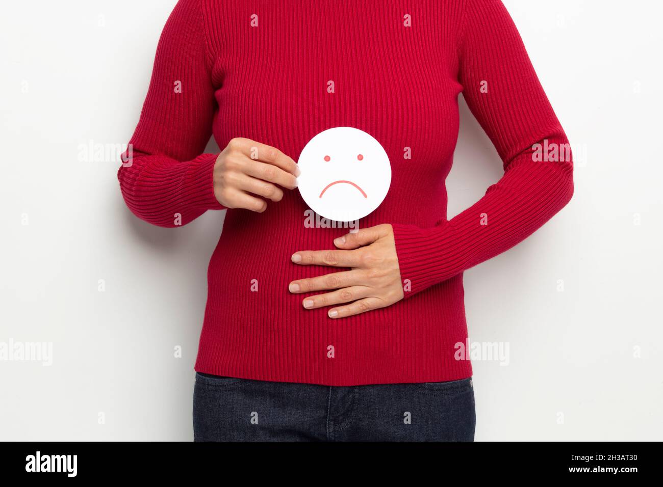 Pain in the abdomen or intestines. A woman's period. Woman holding her ...