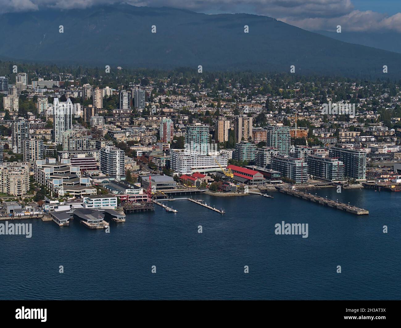 Aerial view of North Vancouver with The Shipyards in district Lower ...