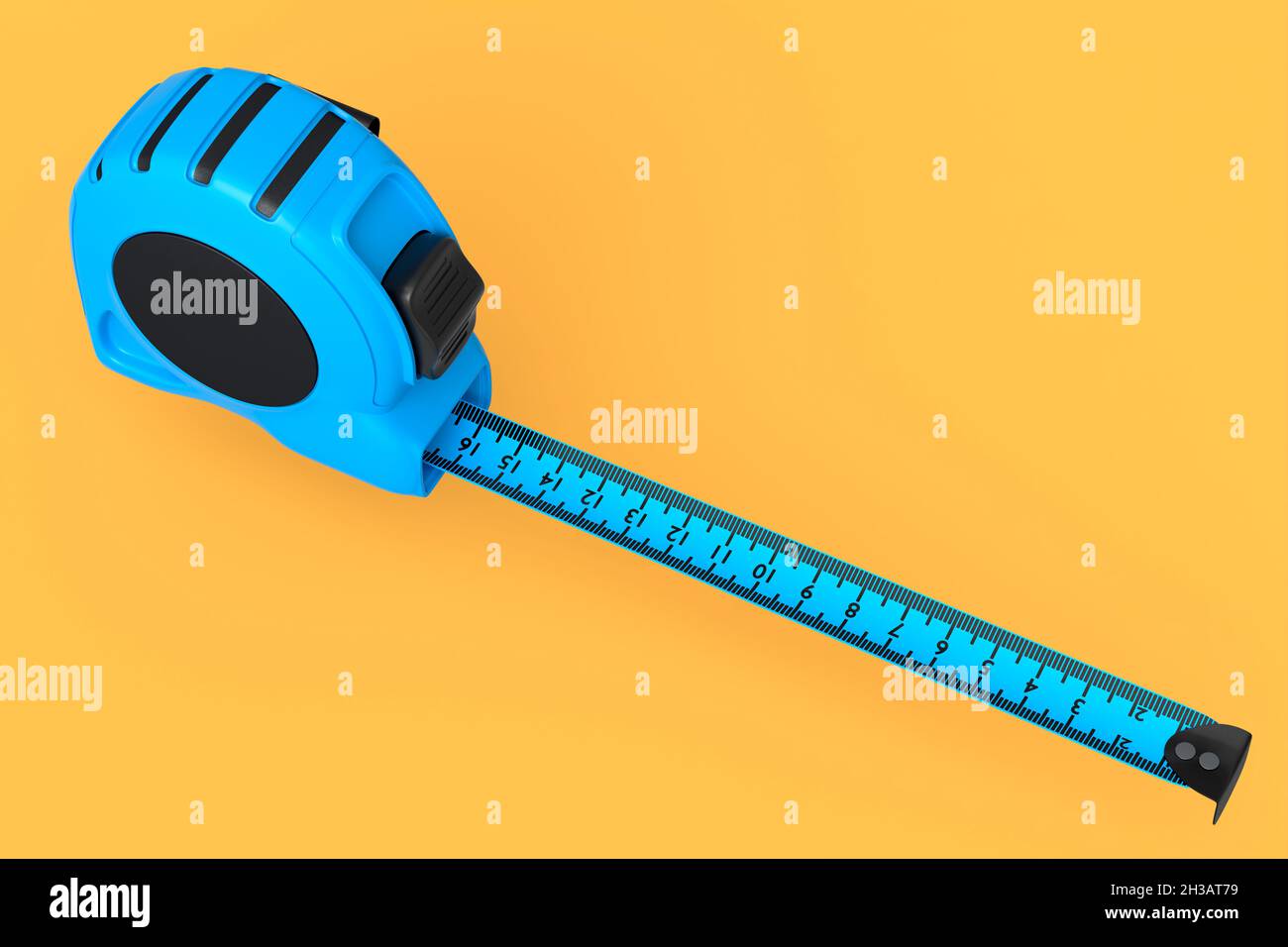 Blue carpenter measuring tape isolated on yellow background with ...