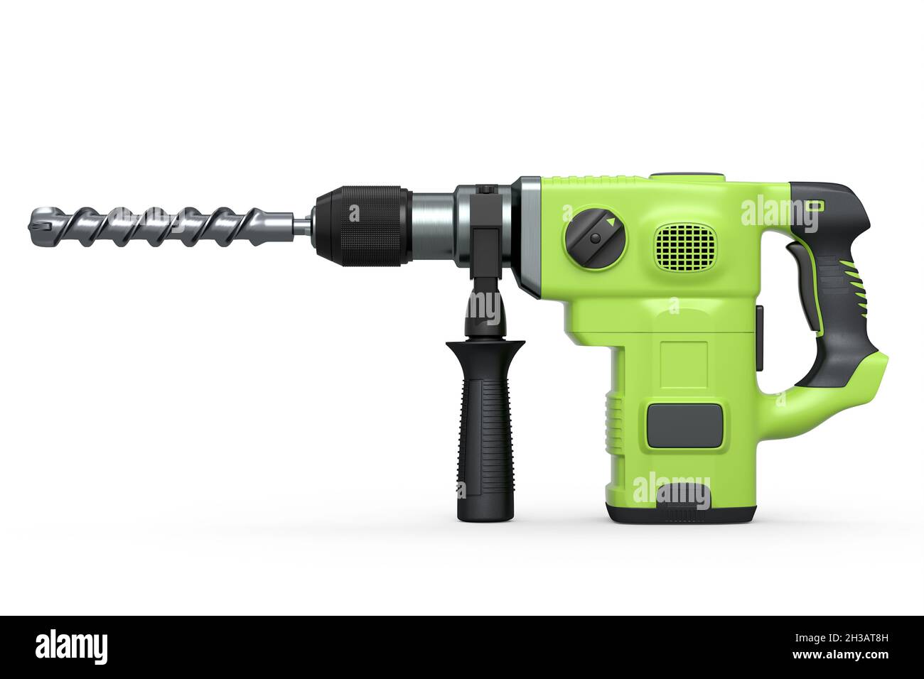 Electric drill with cord and attached metal bit isolated on white ...