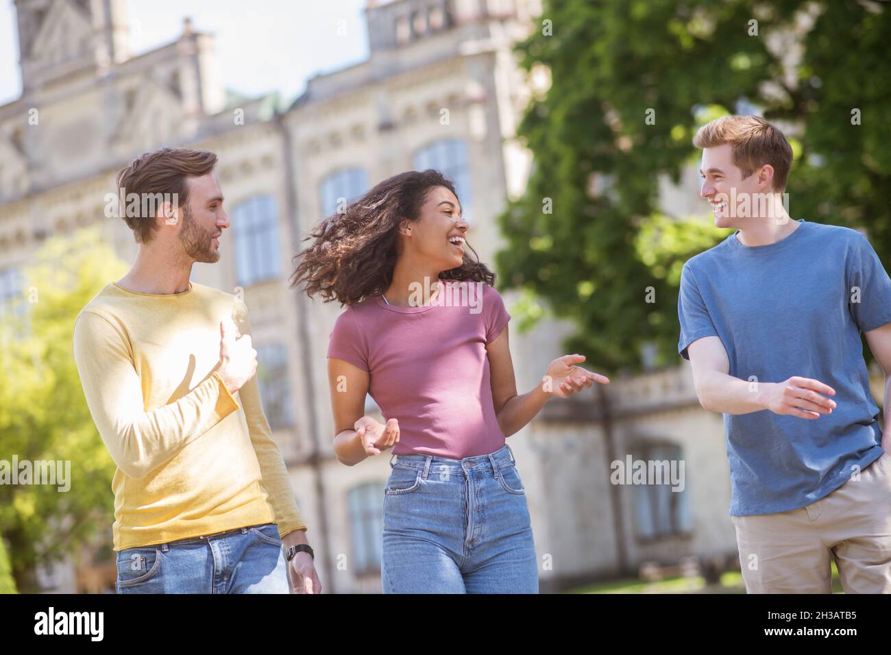 Three people walking in the park and discussing something Stock Photo ...