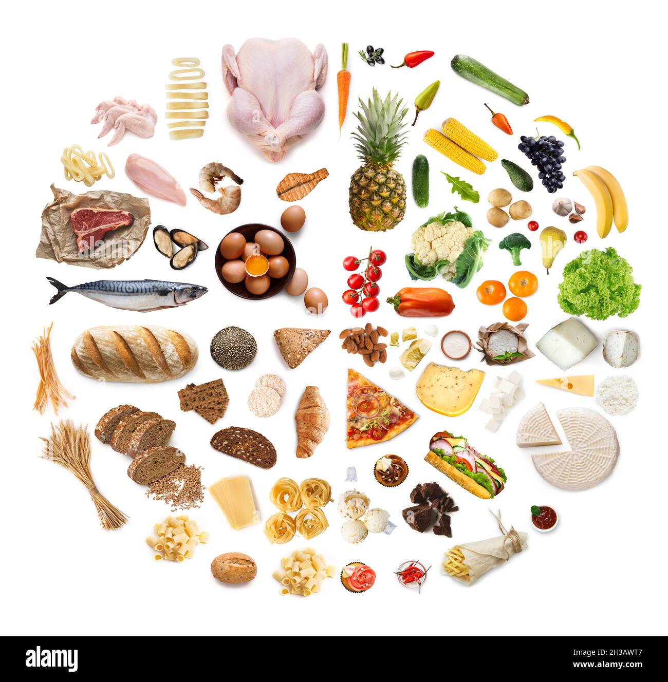 Fish, bread, cheese and mussels, pizza, pineapple and tomatoes in shape ...