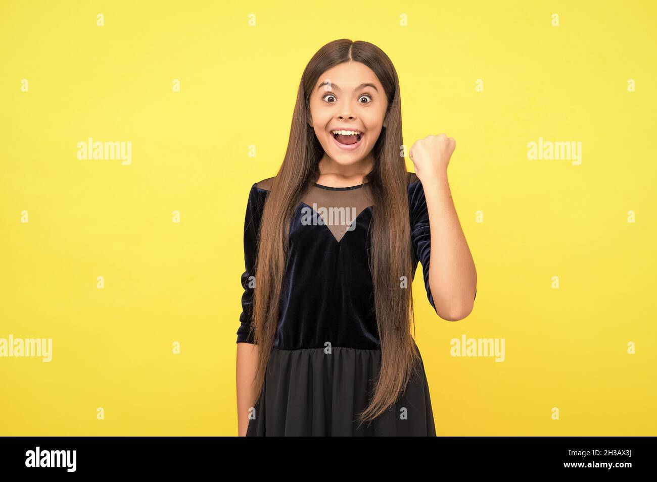 Yes Im happy. Happy child make hand gesture yellow background ...