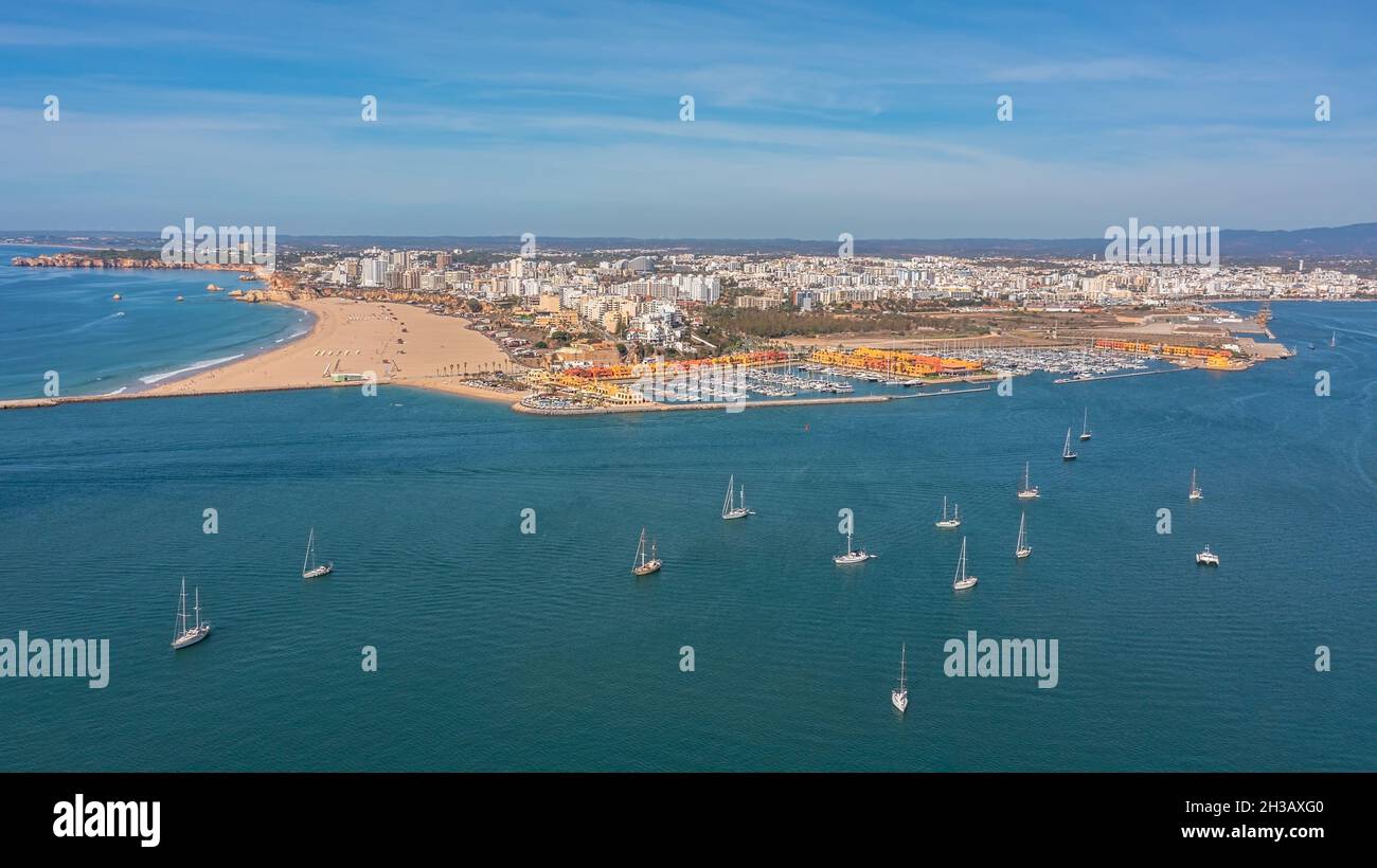 Aerial view of the panorama of the sea bay of Portimao, marinas with ...