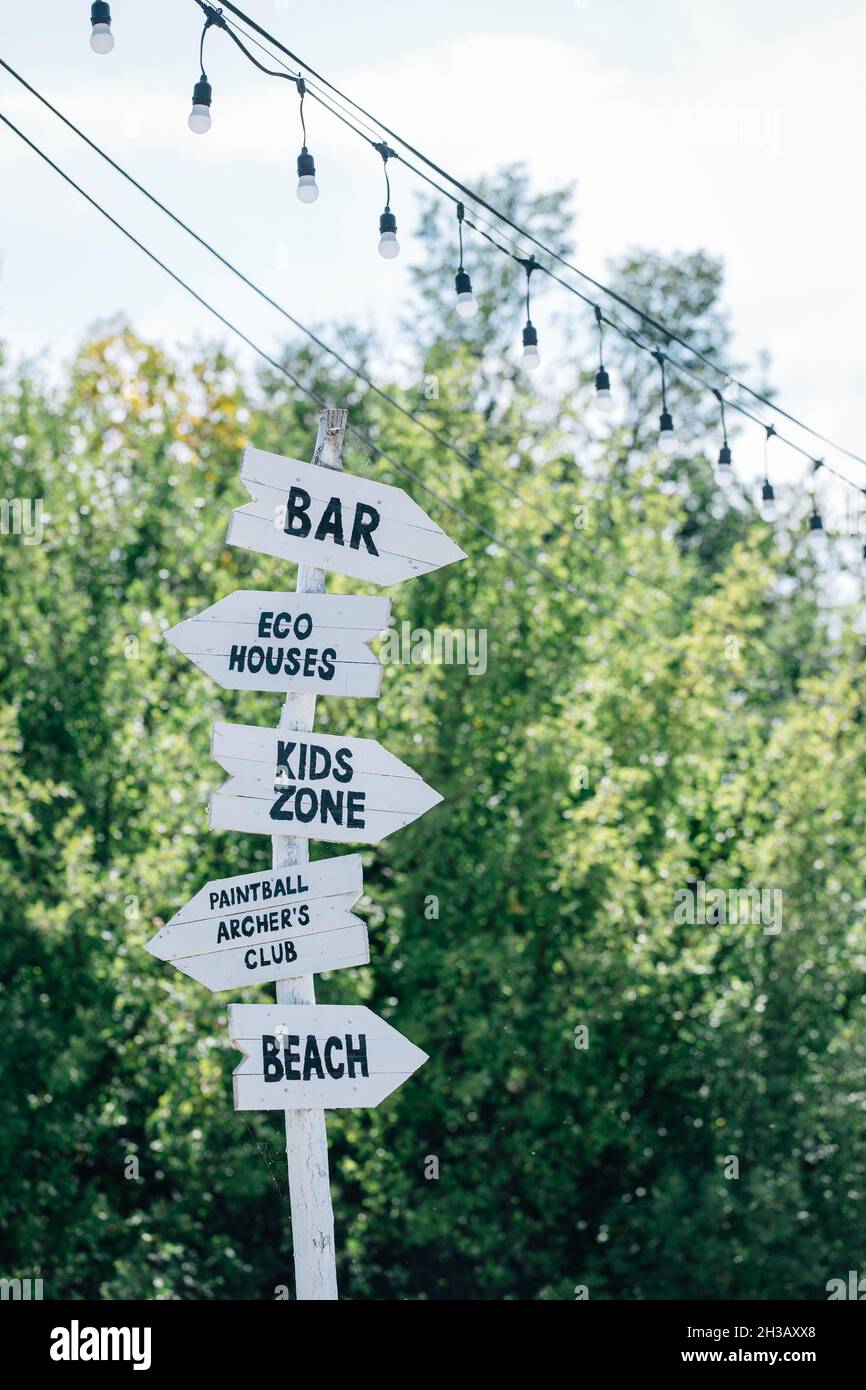 White wooden guiding sign showing the locations of different activity ...