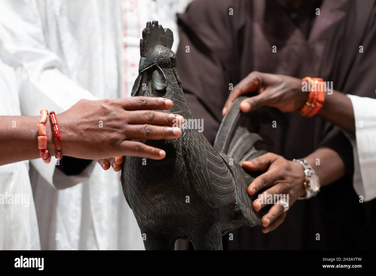 The looted Benin bronze cockerel, known as the Okukur, during a ...