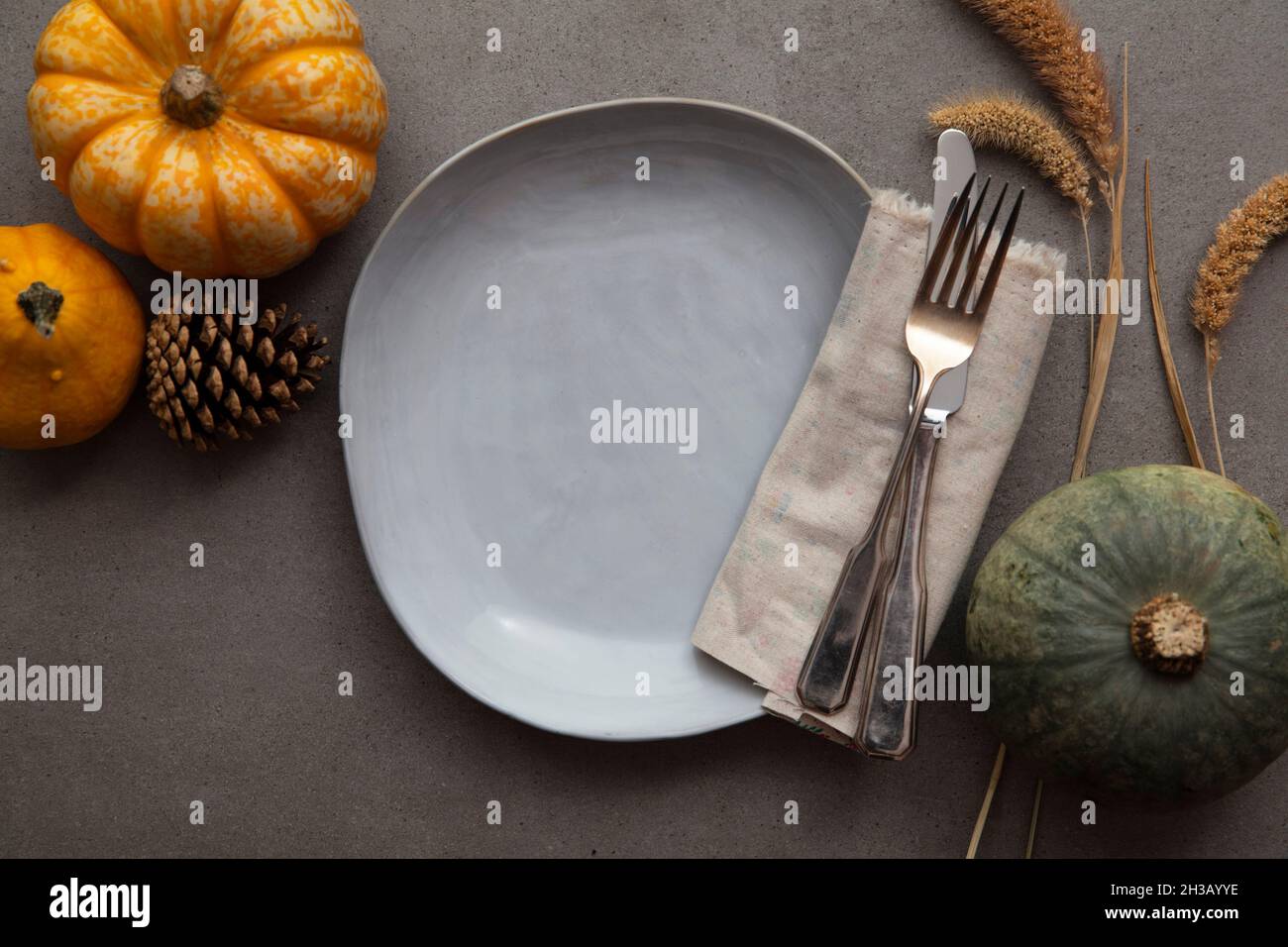Overhead autumn thanksgiving dinner place setting with pumpkins cutlery ...
