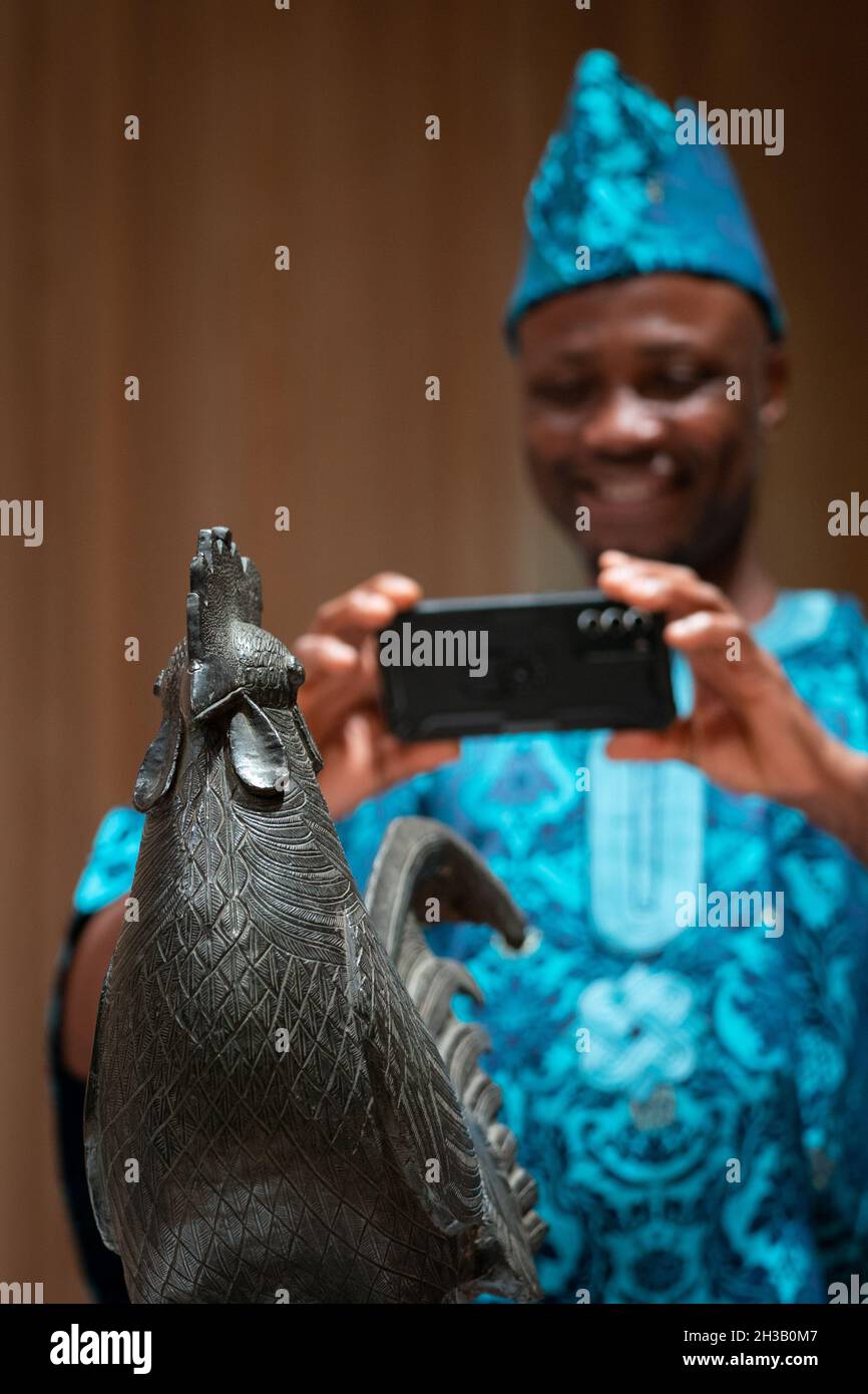 The looted Benin bronze cockerel, known as the Okukur, during a ...