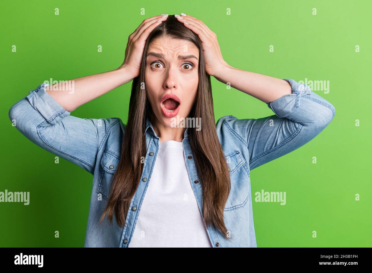 Portrait of attractive desperate girl grief bad news reaction panic ...