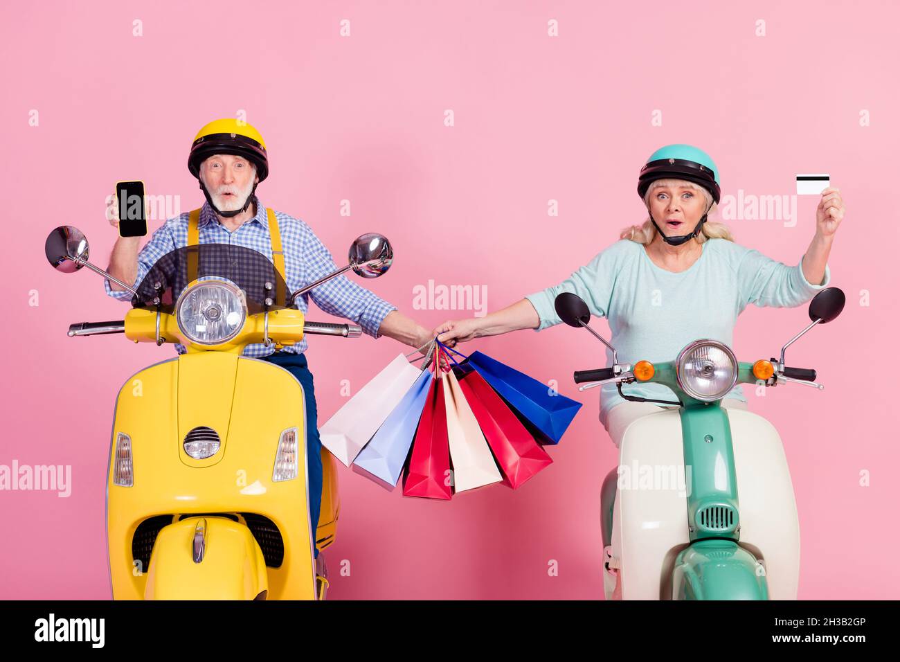 Photo of shocked married couple two mature people in helmet drive ride ...