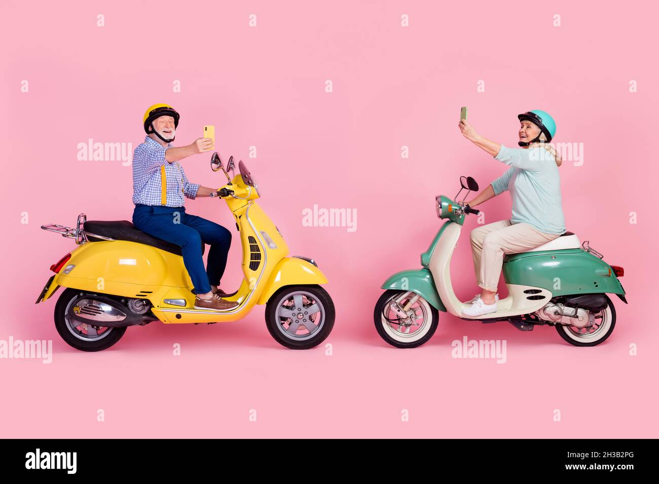 Full size profile side photo of happy mature couple two people ride ...