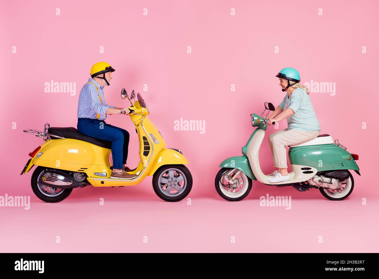 Full size profile side photo of happy smiling mature couple ride drive ...