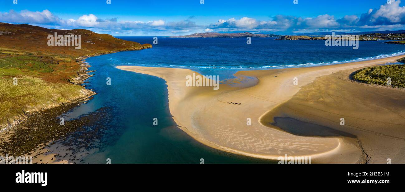 Aerial of horses on the beach at Dundanaghy, County Donegal, Ireland ...