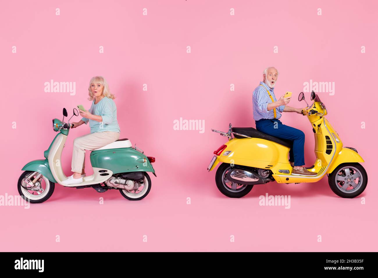 Full size profile side photo of two shocked mature male female moped ...