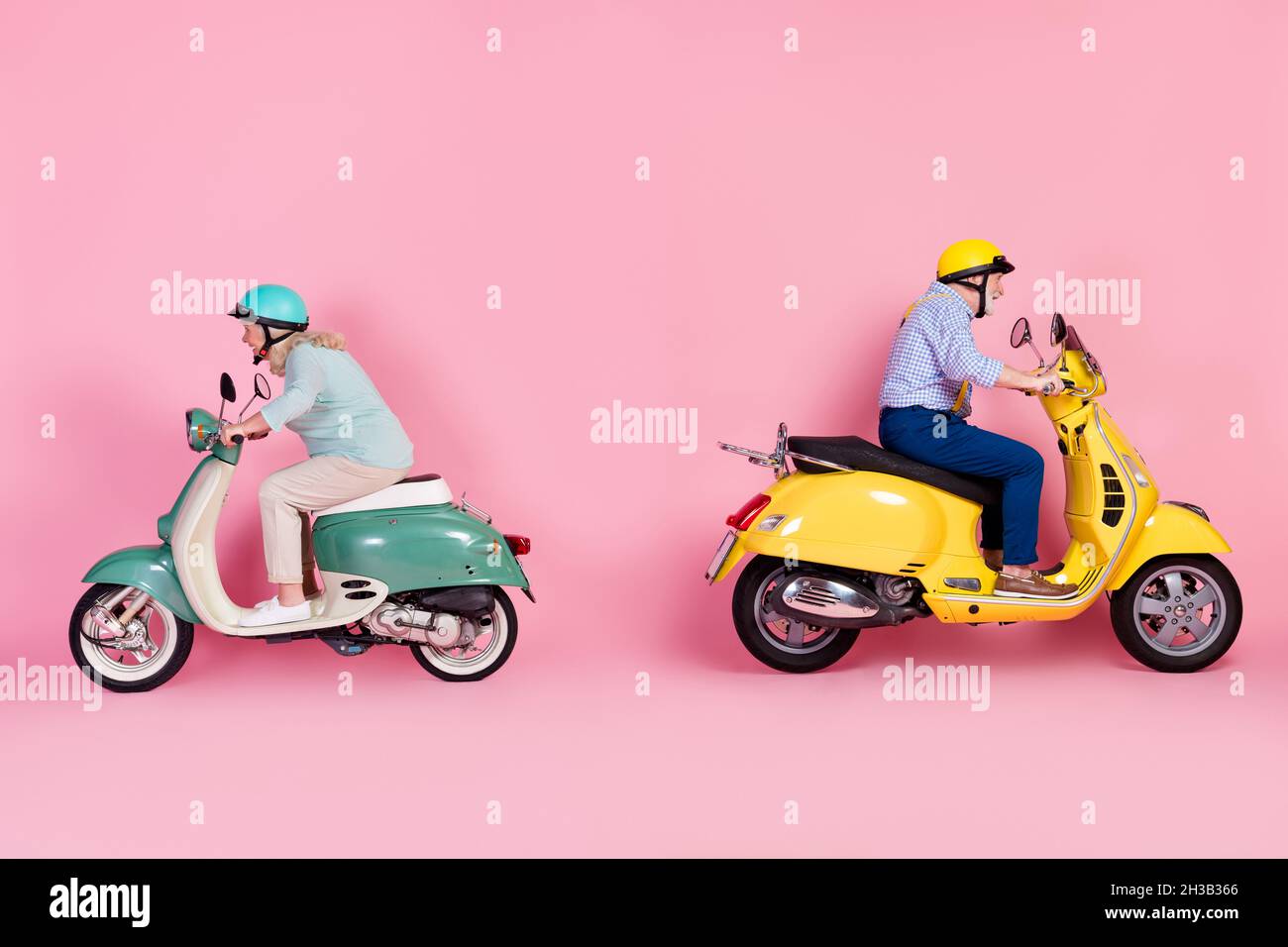 Full size profile side photo of two happy mature people grey white hair ...