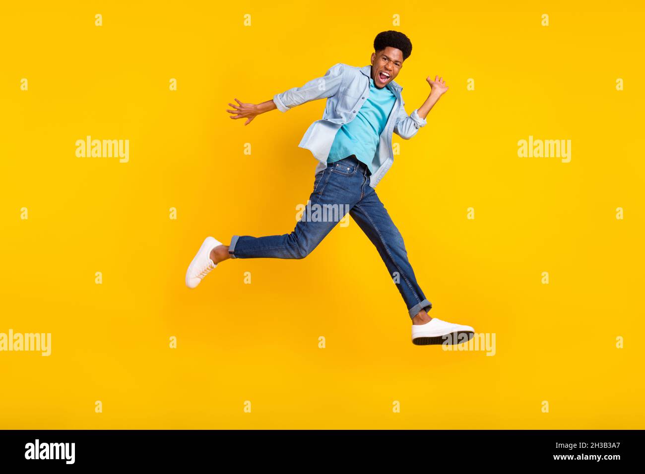 Full length body size view of attractive funny cheerful guy jumping ...