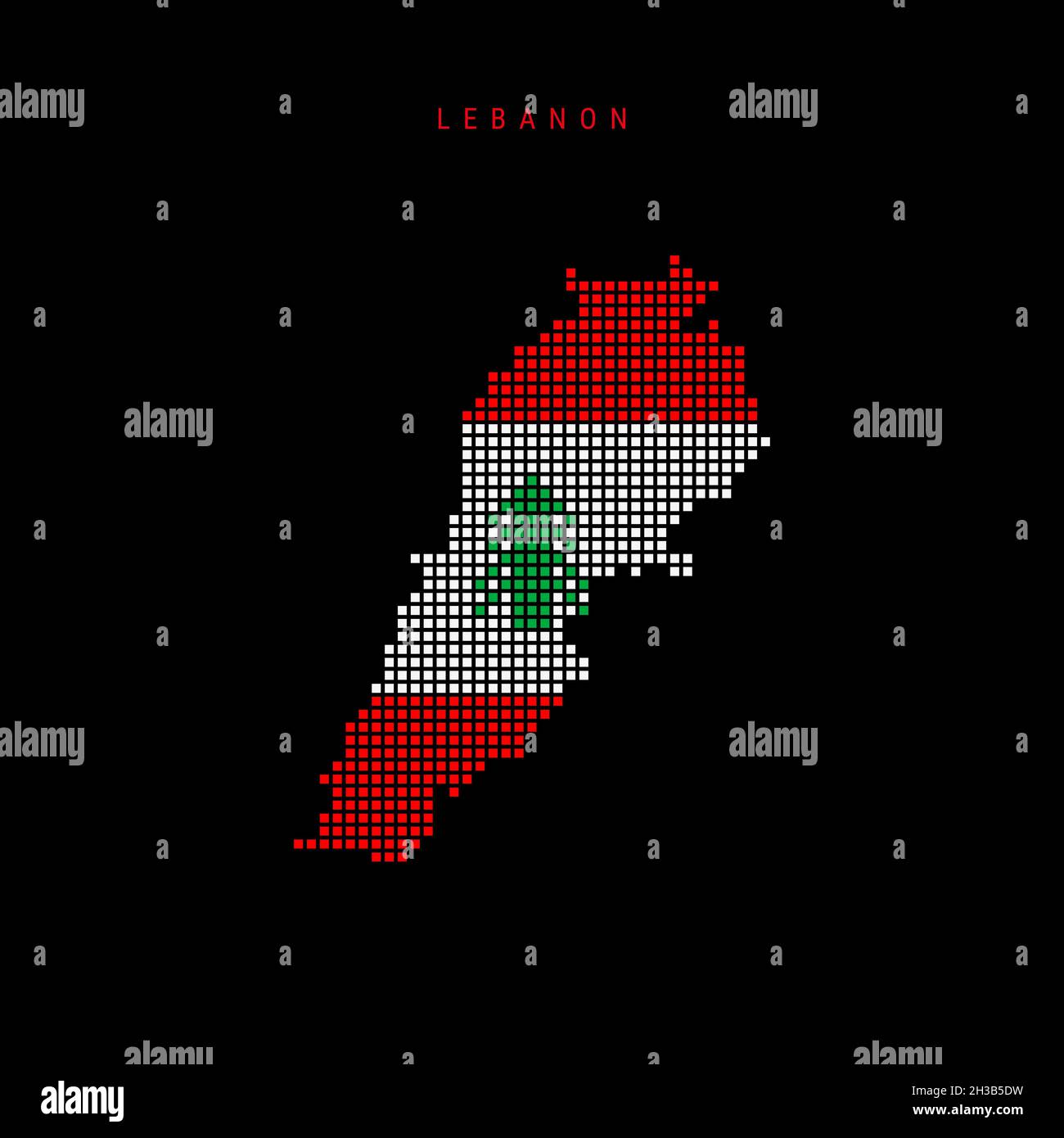 Square dots pattern map of Lebanon. Dotted pixel map with national flag colors isolated on black ...