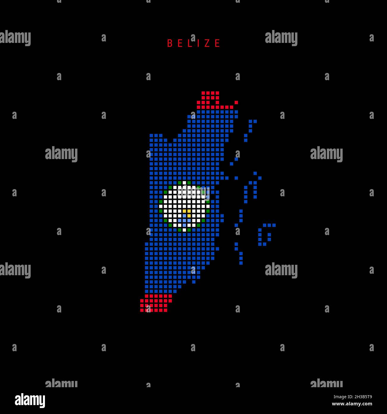 Square dots pattern map of Belize. Dotted pixel map with national flag colors isolated on black ...