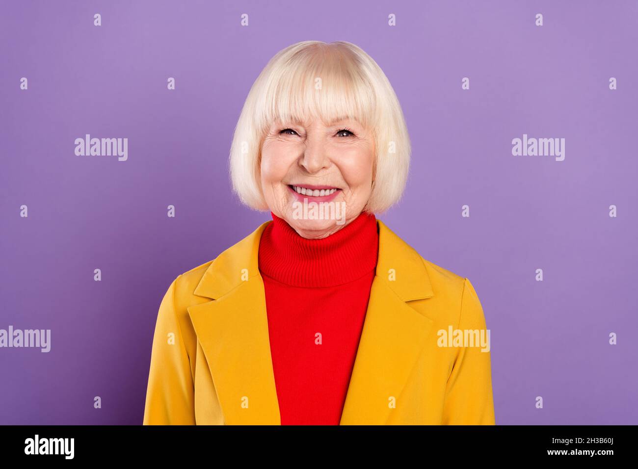 Photo of optimistic cute short hairdo senior lady wear yellow jacket ...