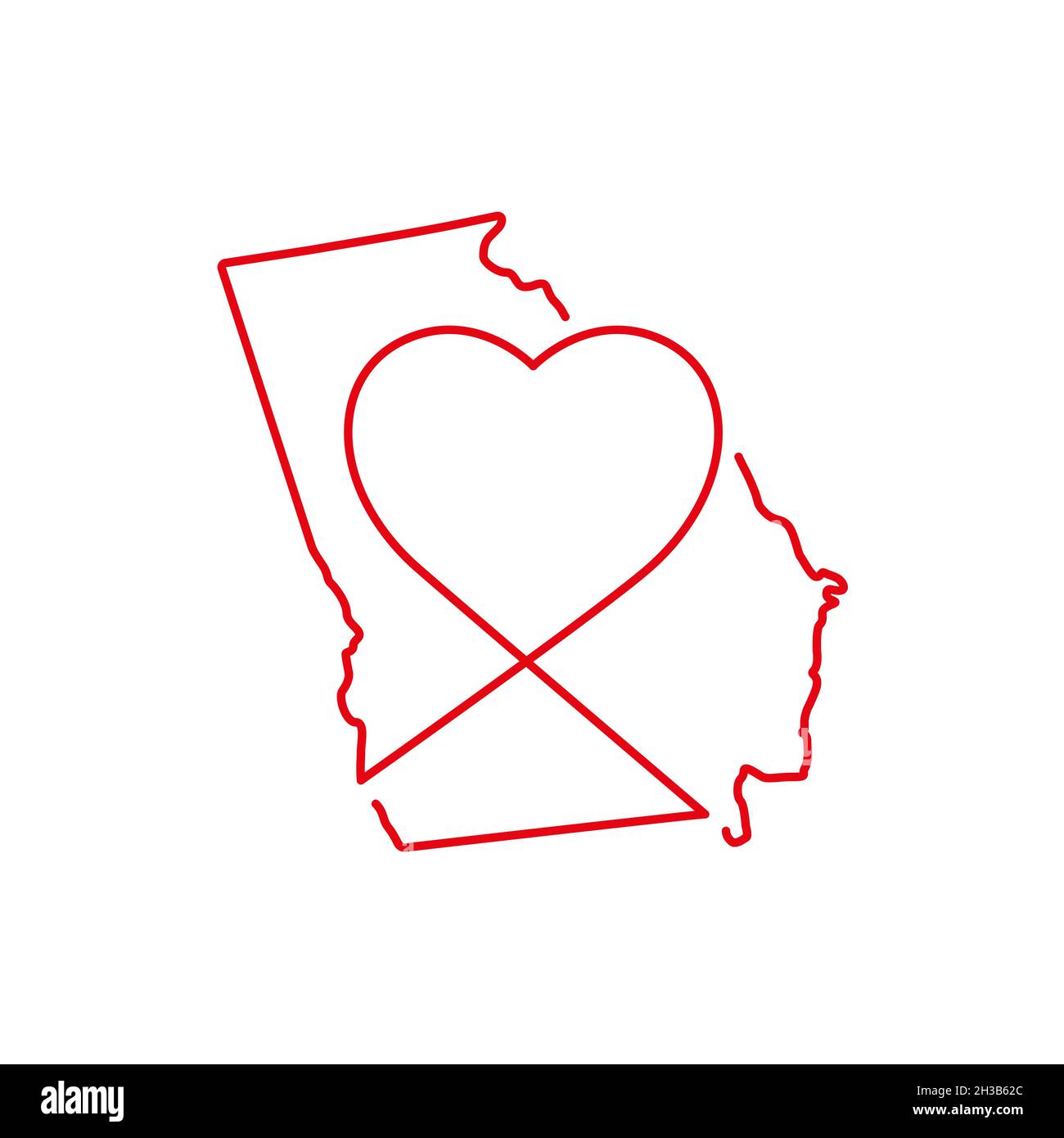 Georgia US state red outline map with the handwritten heart shape ...