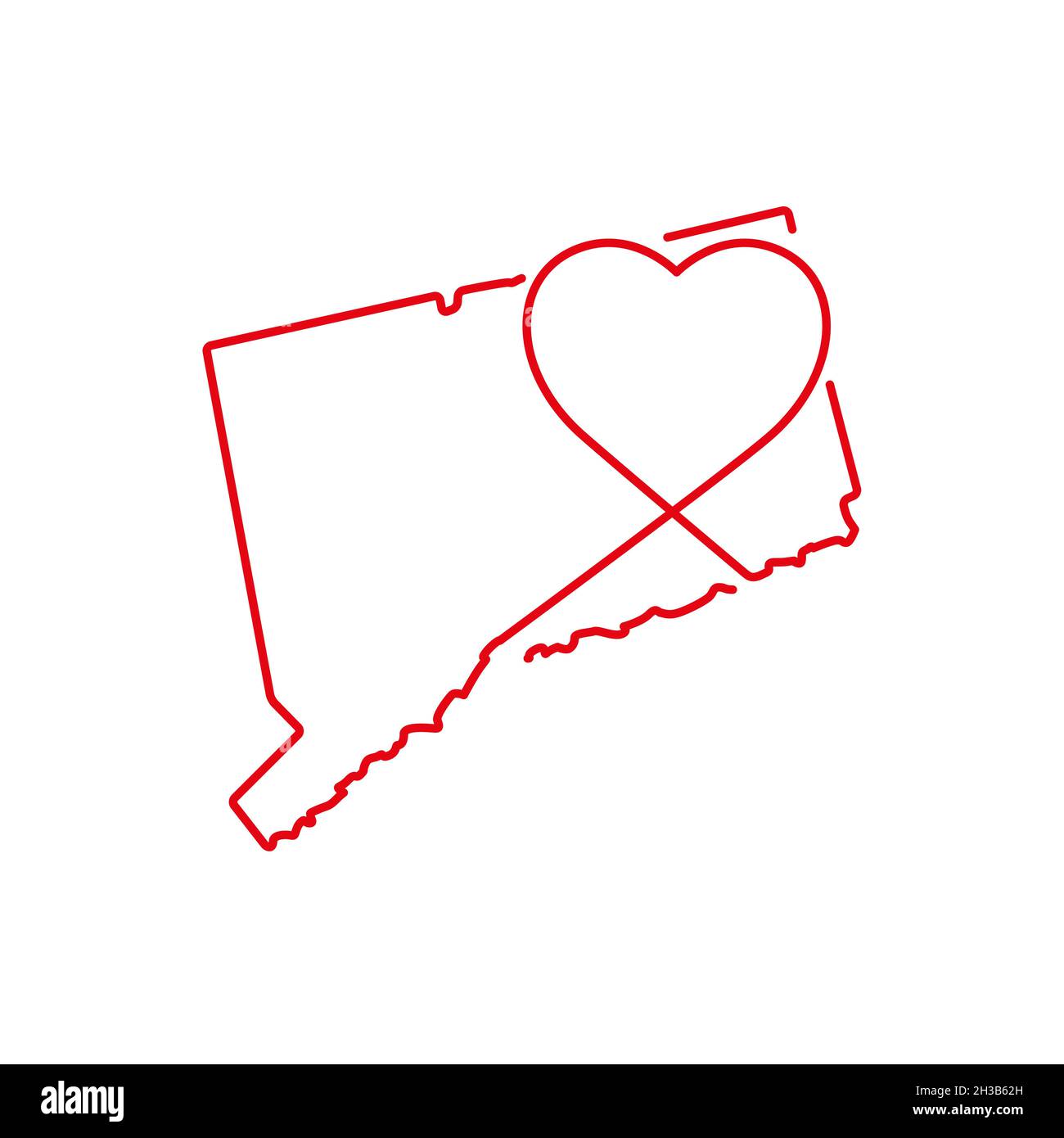 Connecticut US state red outline map with the handwritten heart shape ...