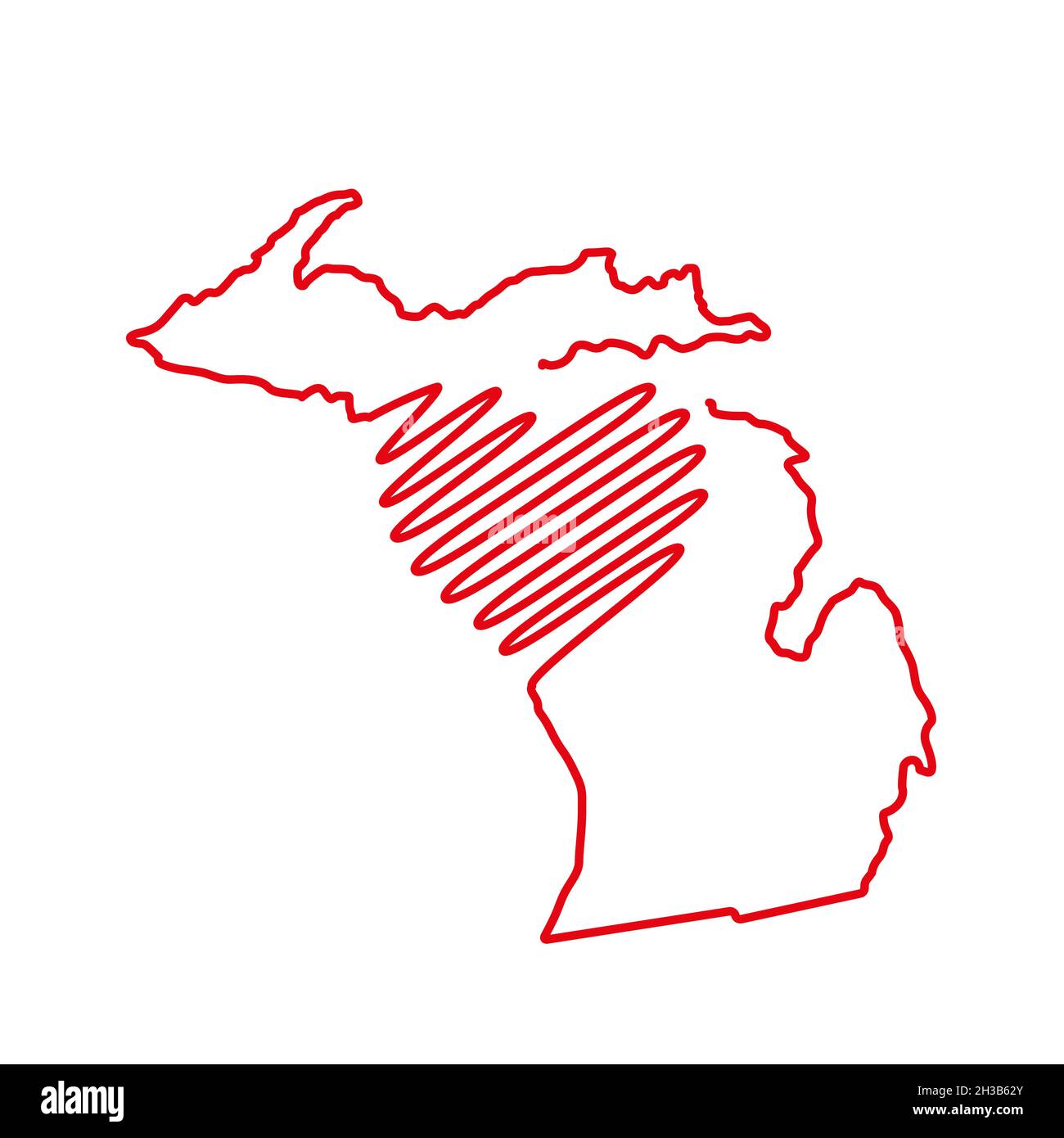 Michigan US state red outline map with the handwritten heart shape ...