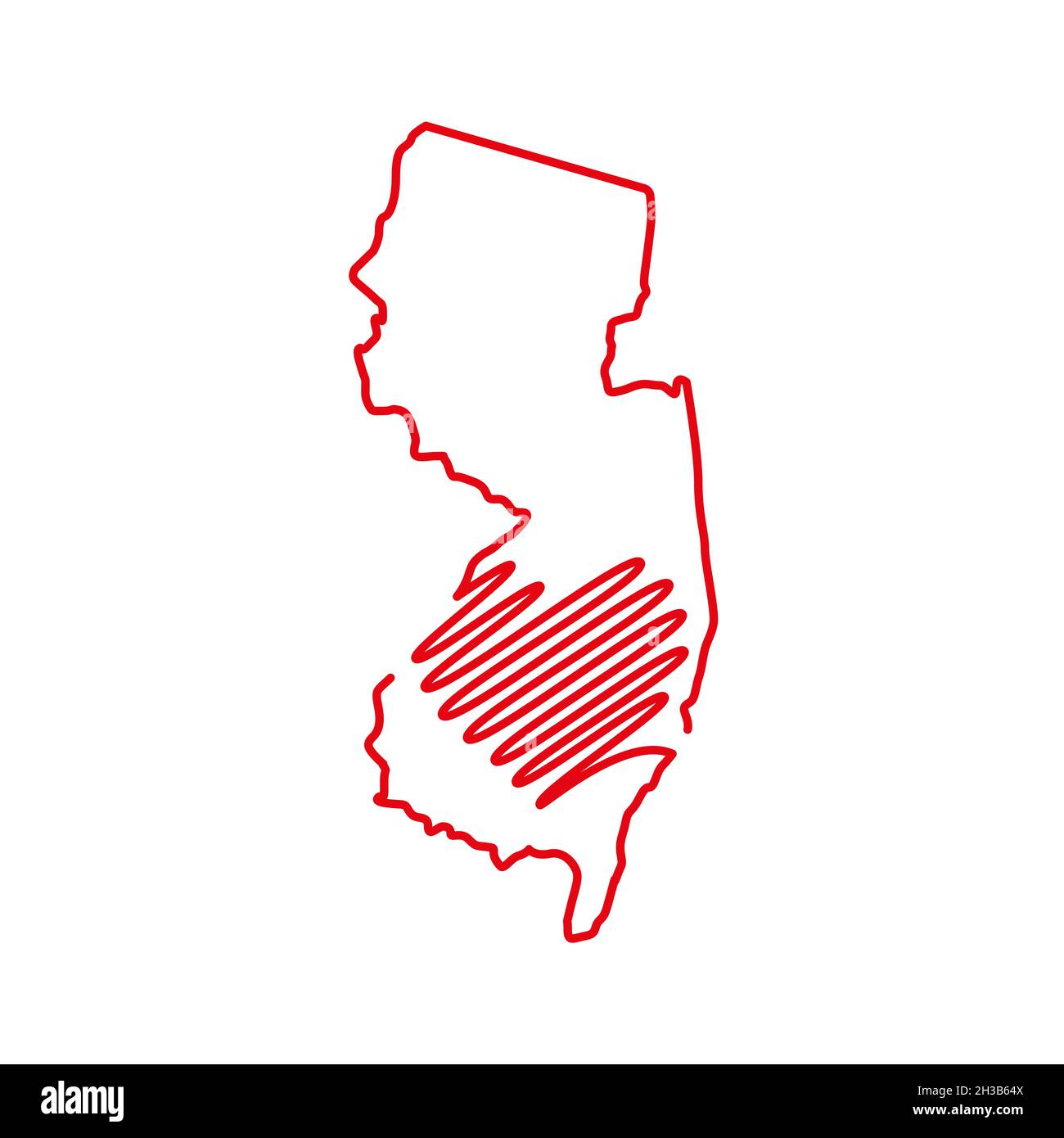 New Jersey US state red outline map with the handwritten heart shape ...