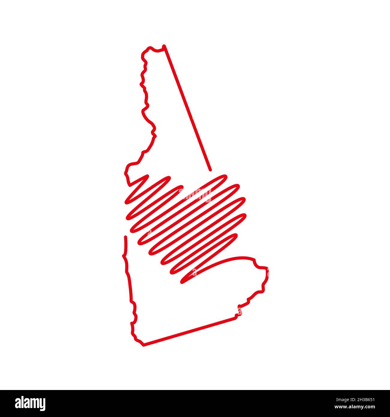 New Hampshire US state red outline map with the handwritten heart shape ...