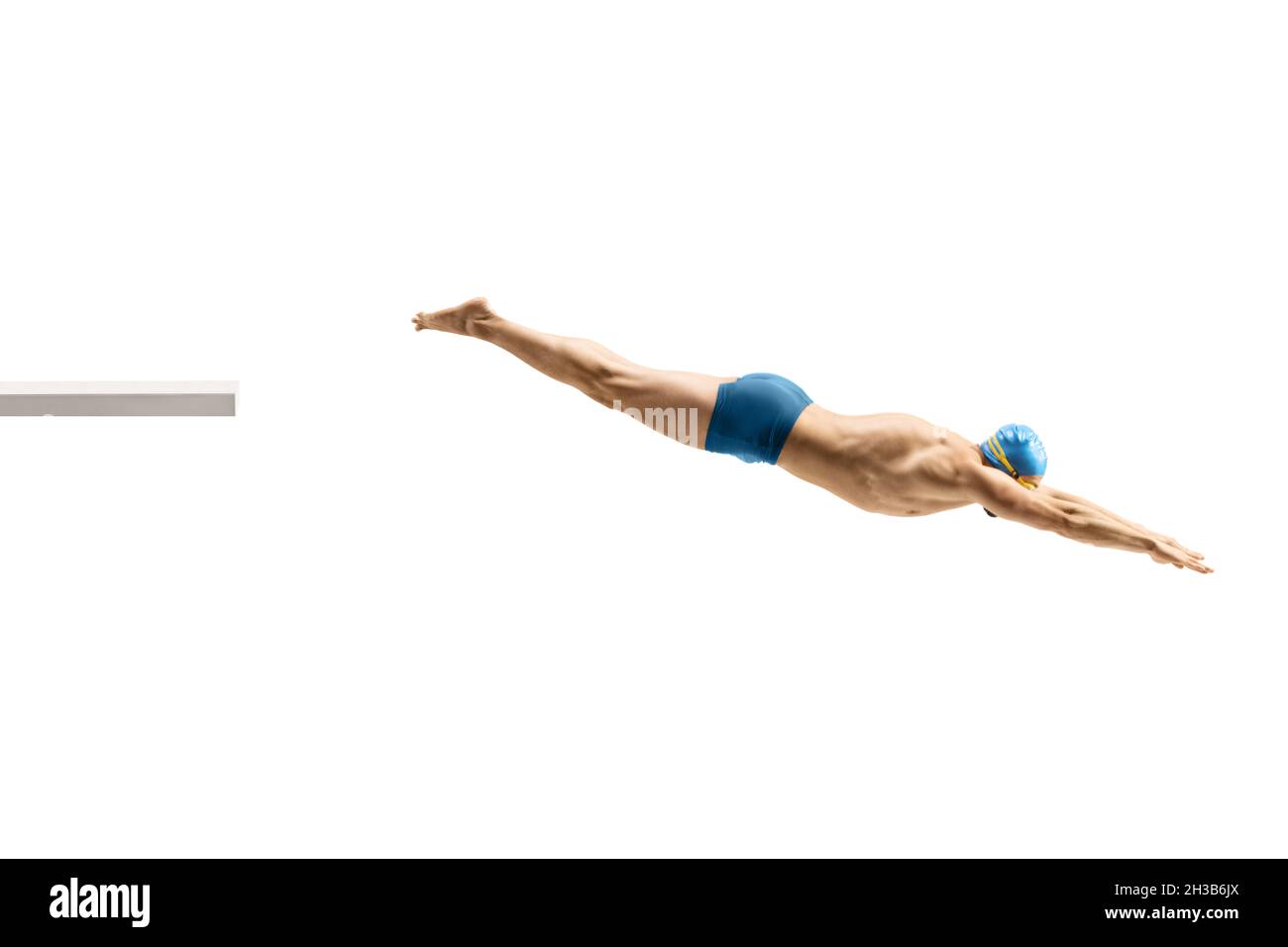 Male swimmer jumping from a starting block isolated on white background ...
