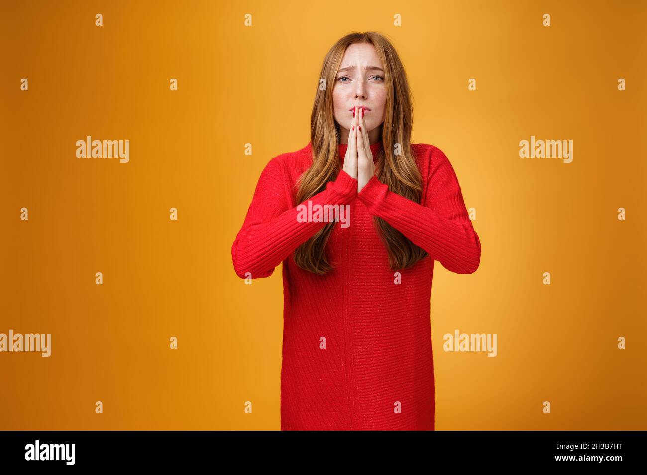 Supplication, apology and people feelings concept. Portrait of sad ...