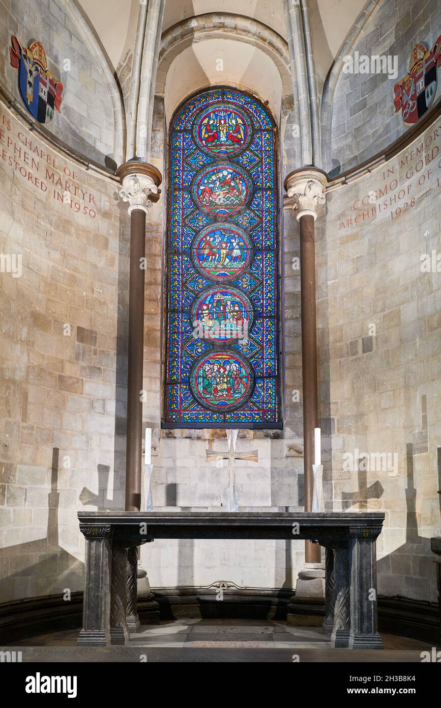 Stained glass window and altar in the chapel of St Stephen at ...