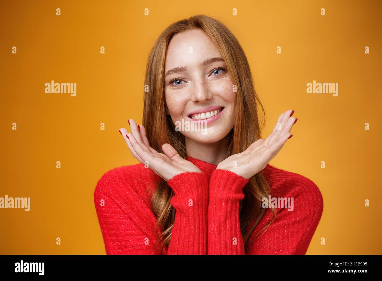 Close-up shot of sensual tender and gentle ginger girl with romance and ...