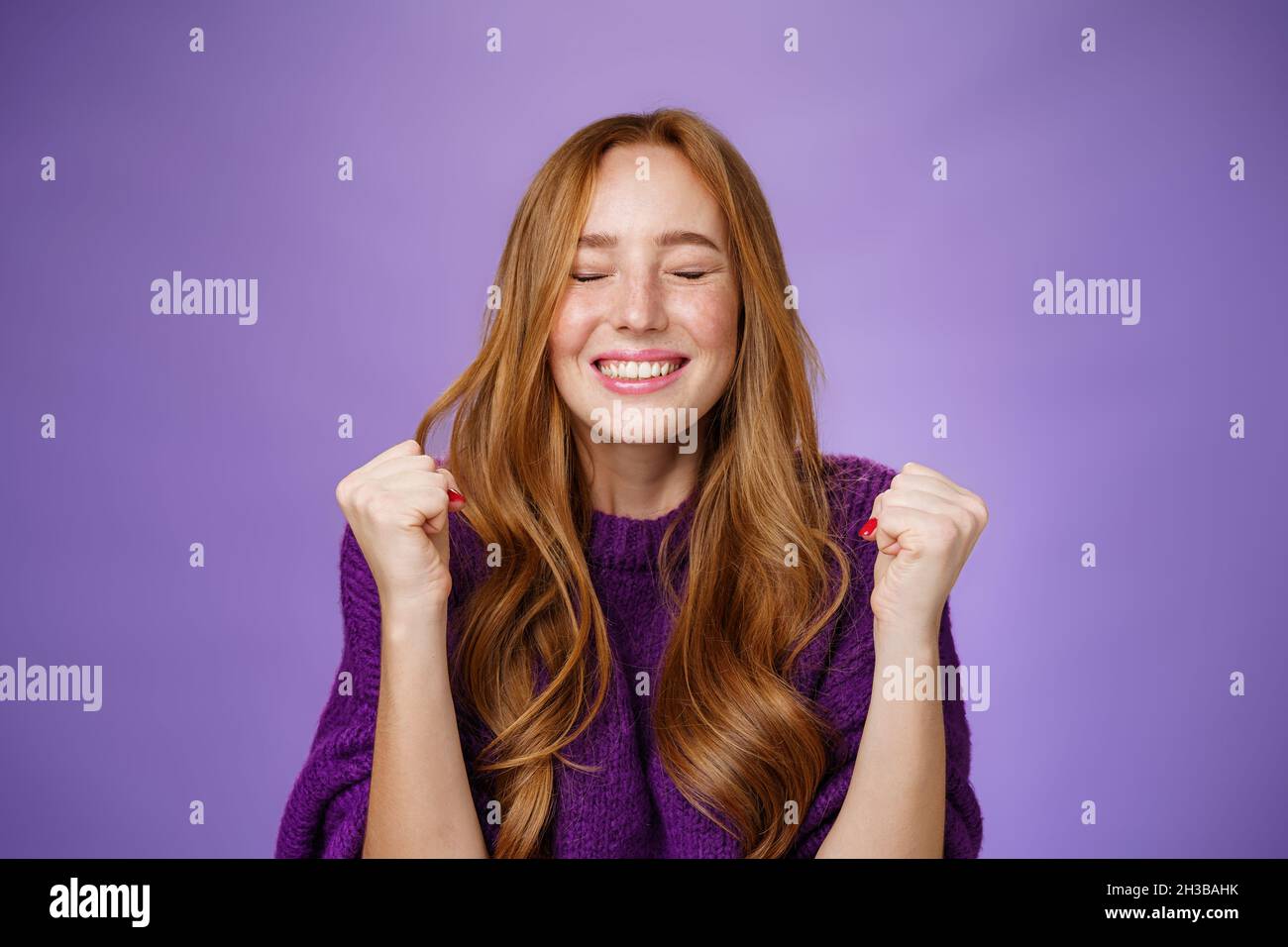 Finally I won. Portrait of relieved and happy triumphing good-looking ...