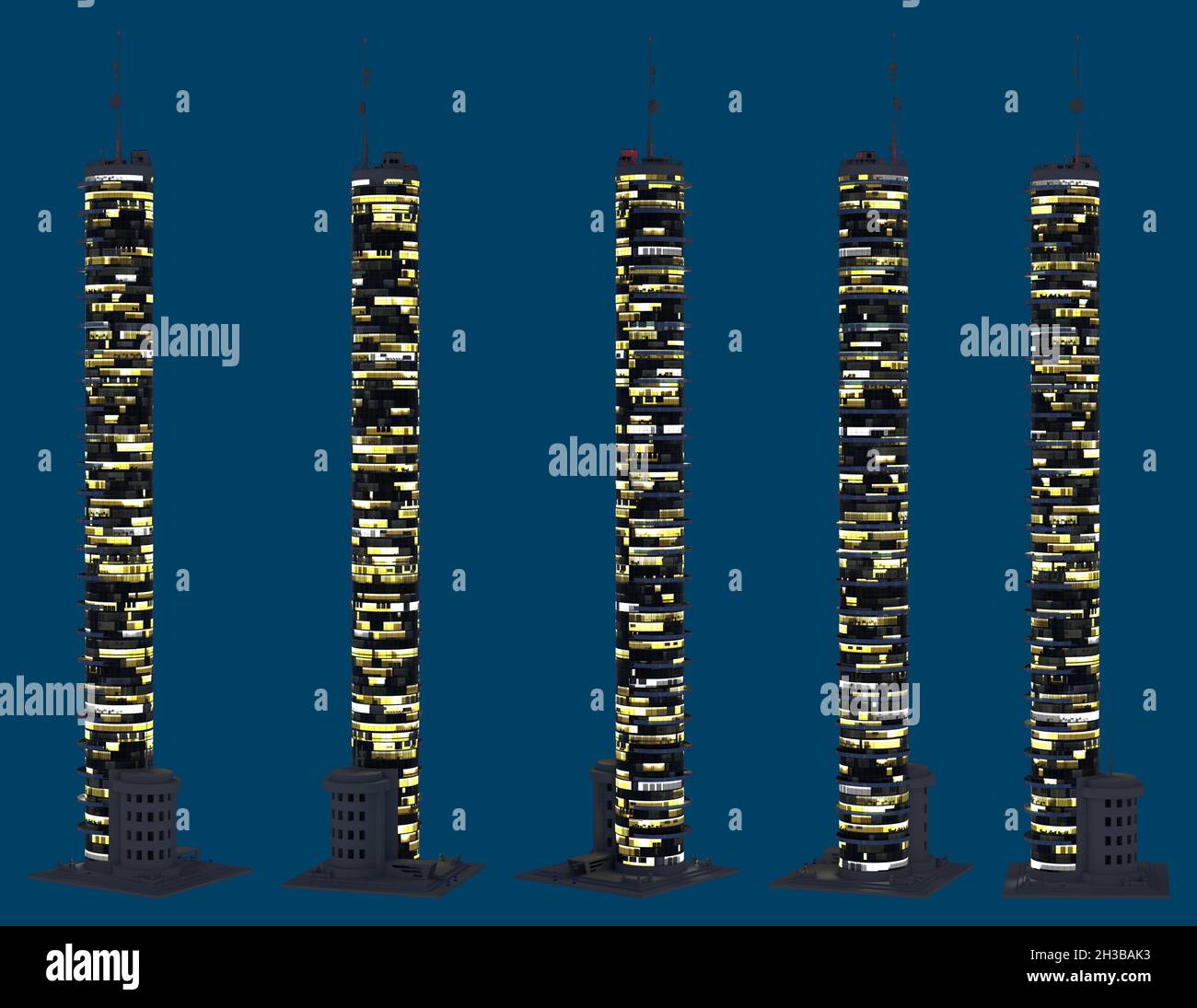 modern fictional towers at night time with glowing lights, isolated ...