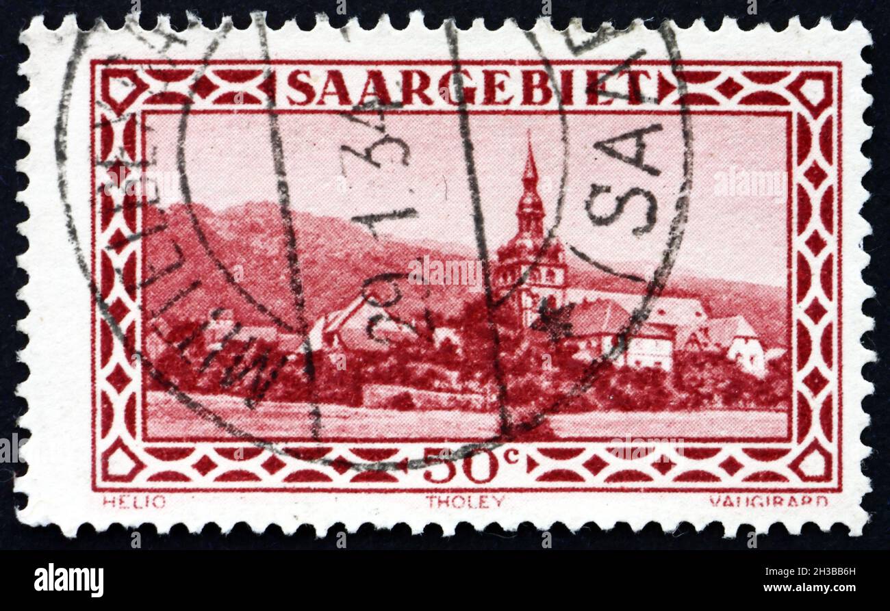 GERMANY - CIRCA 1927: a stamp printed in the Saar, Germany shows Tholey ...