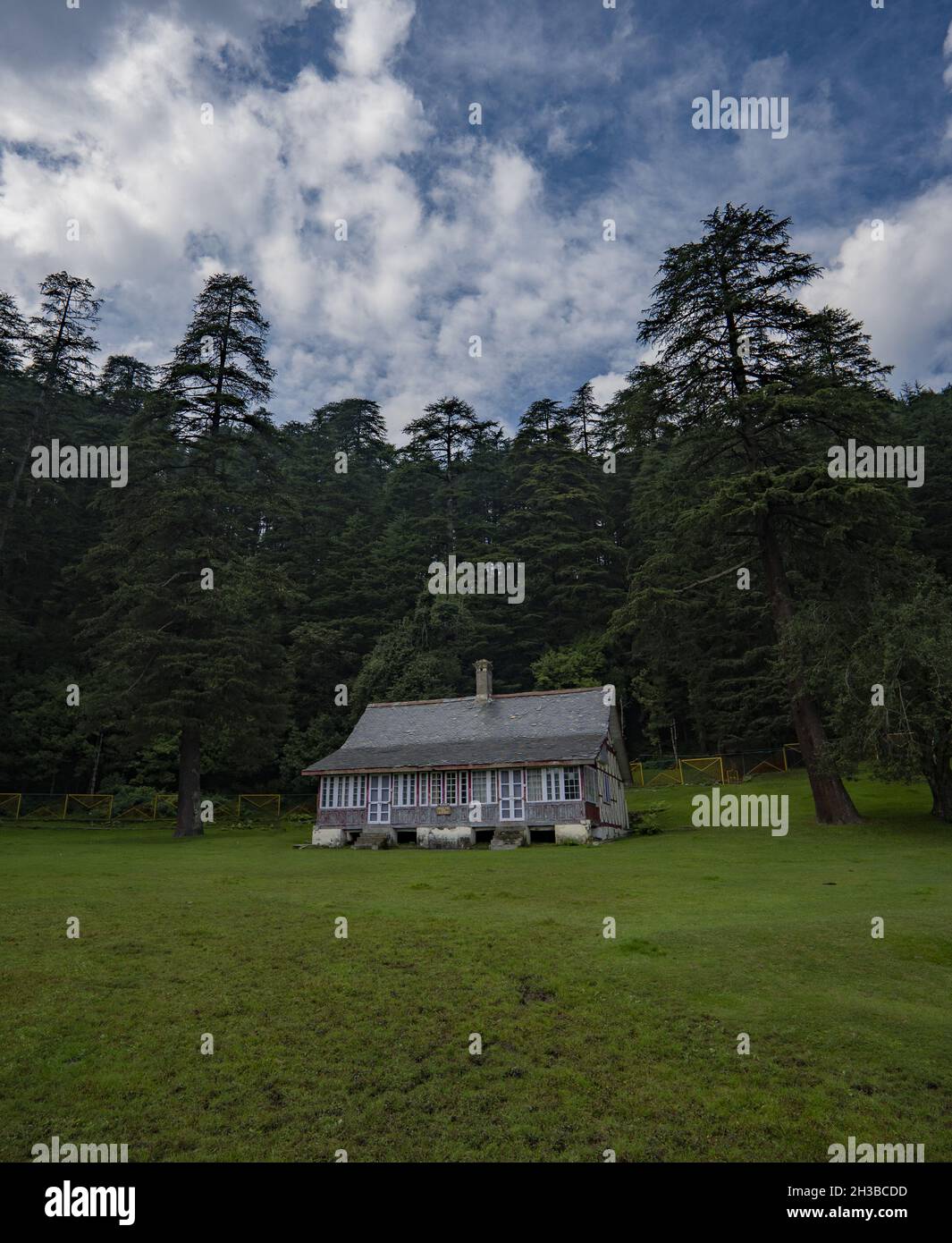 Traditional wooden house in front of a forest on a cloudy morning backg ...