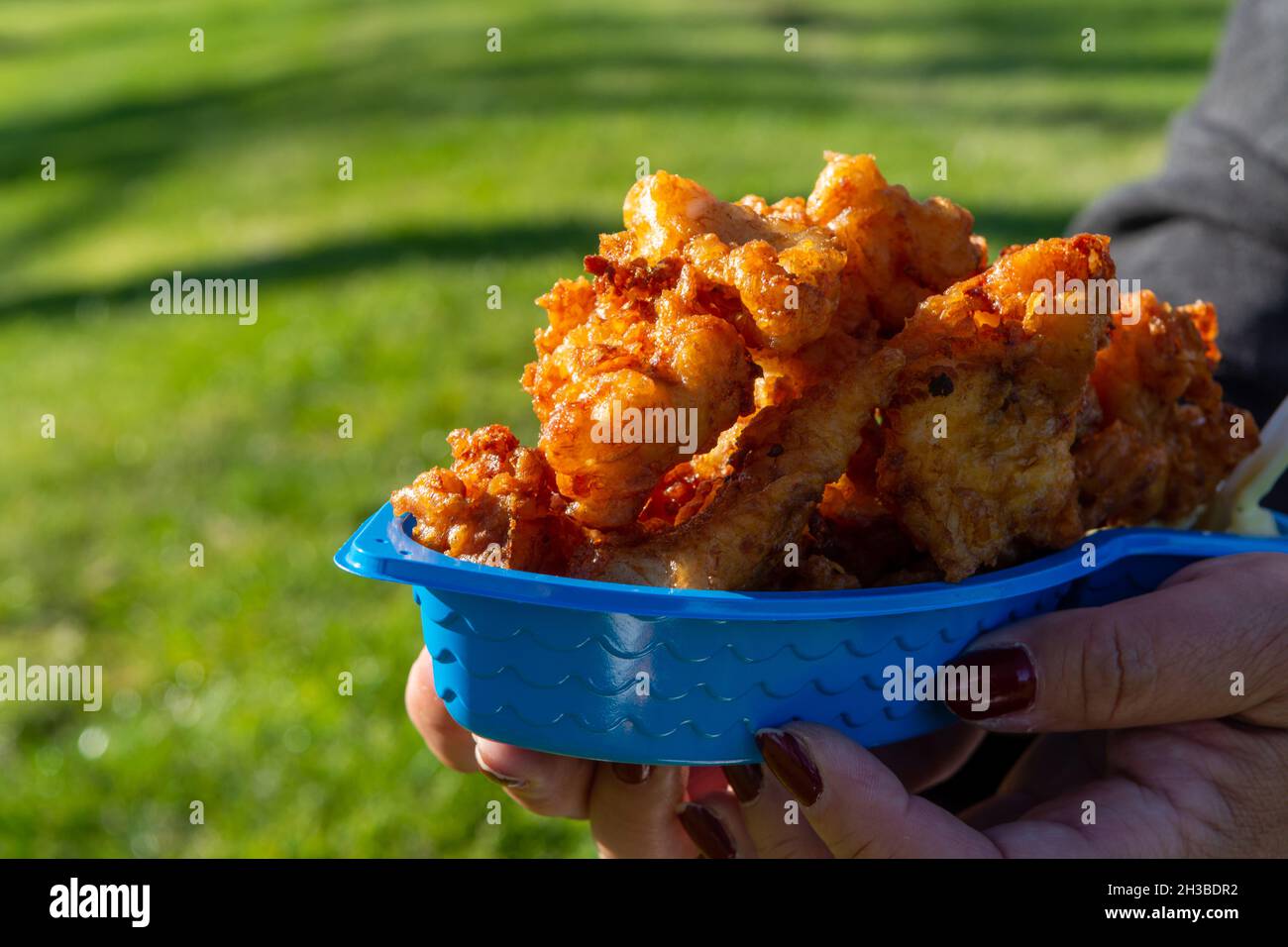 Outdoor eating of diep-fried cod fish pieces served with remoulade ...
