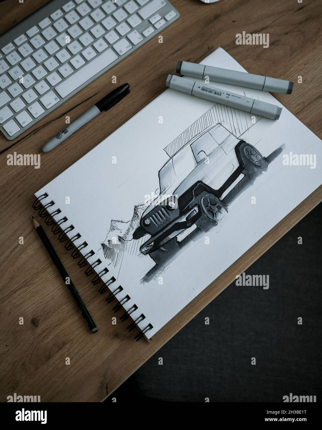 Desk drawing with pencils and markers Stock Photo - Alamy