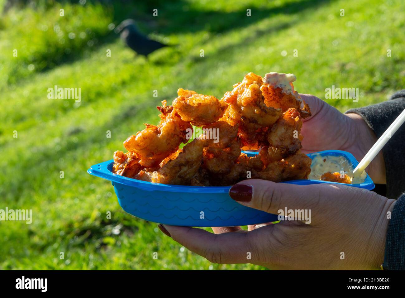 Outdoor eating of diep-fried cod fish pieces served with remoulade ...