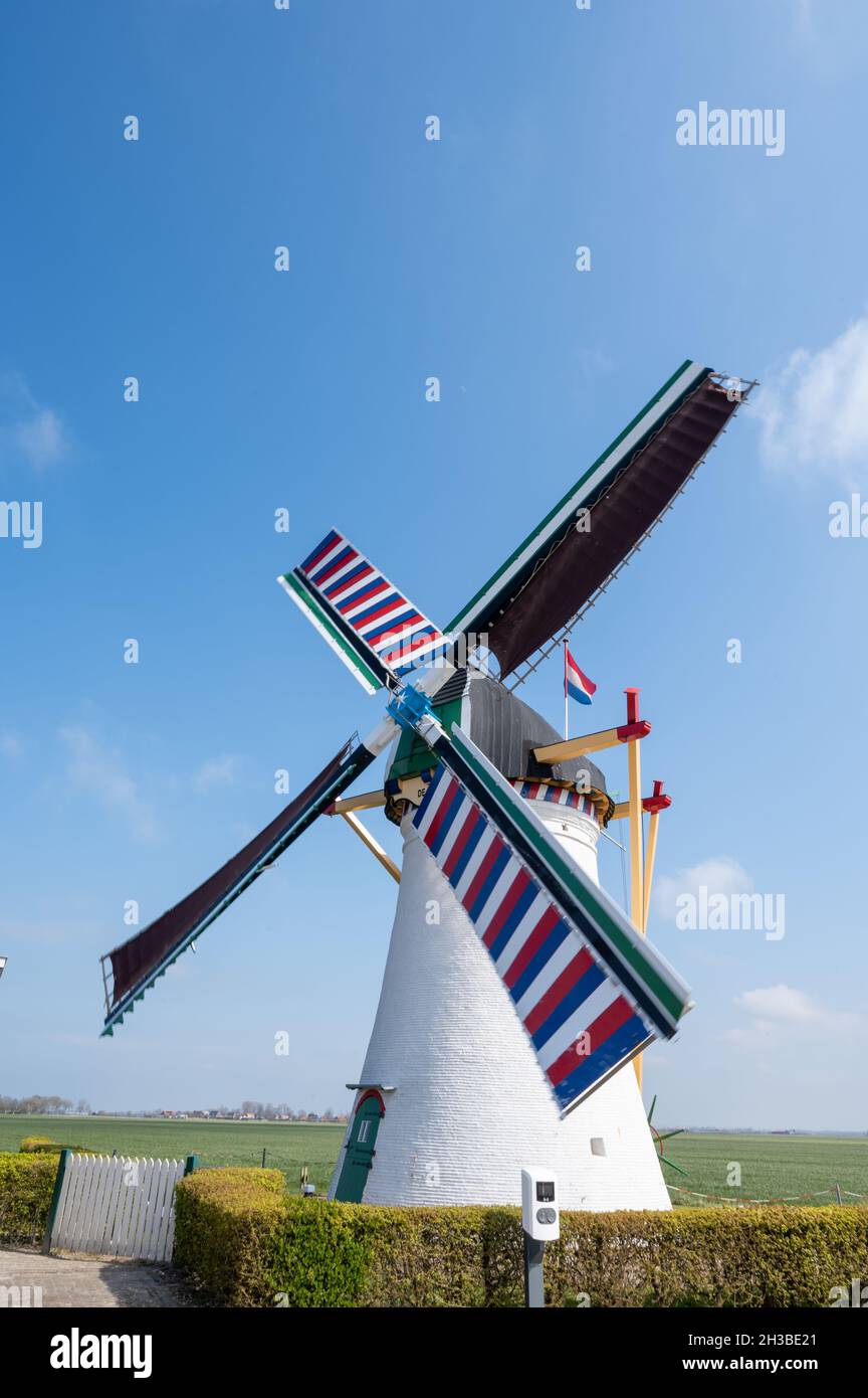 White old typical Dutch windmill with Dutch flag in Zeeland near ...