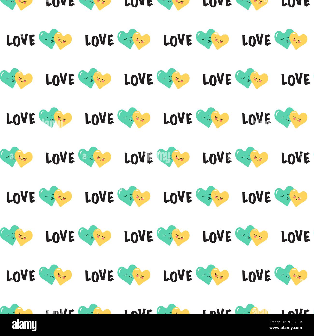 Seamless pattern with hearts with face and the word love. Festive ...