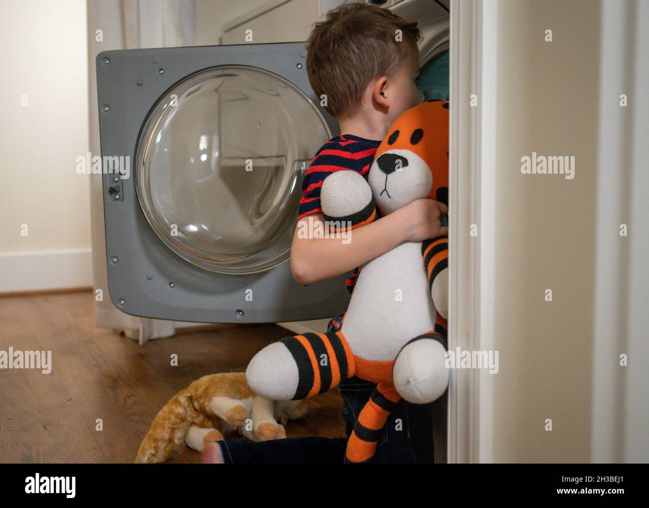 Young boy putting stuffed tiger into the washing machine Stock Photo ...