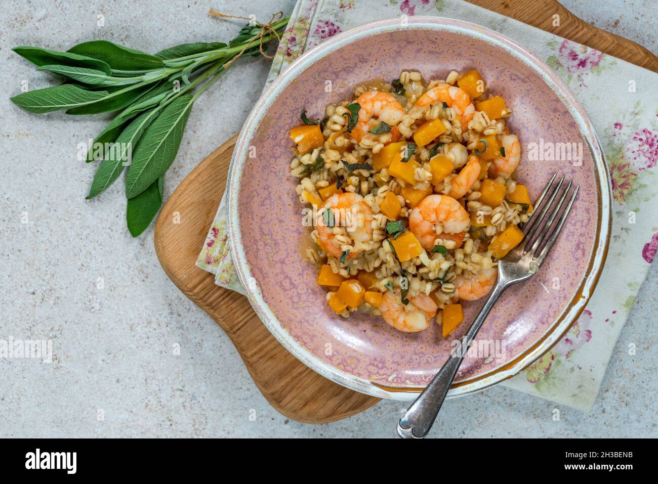 Pearl barley risotto with king prawns, butternut squash and sage ...