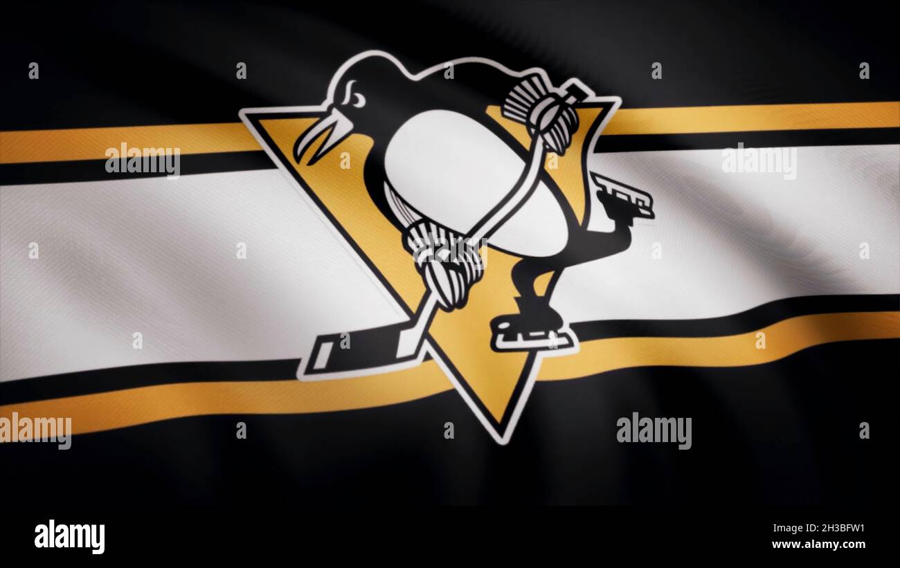 Close-up of waving flag with Pittsburgh Penguins NHL hockey team logo ...